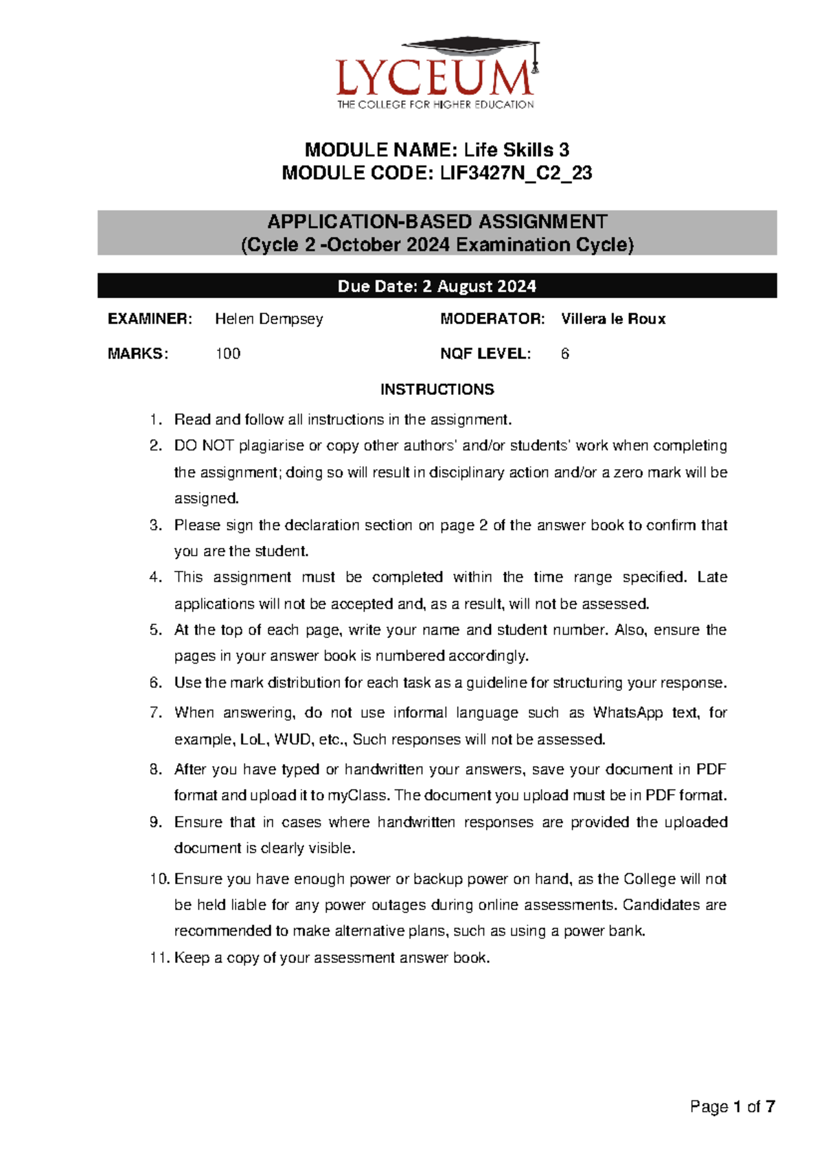 LIF 3427 N-C2 23 October 2024 Assignment - MODULE NAME: Life Skills 3 ...