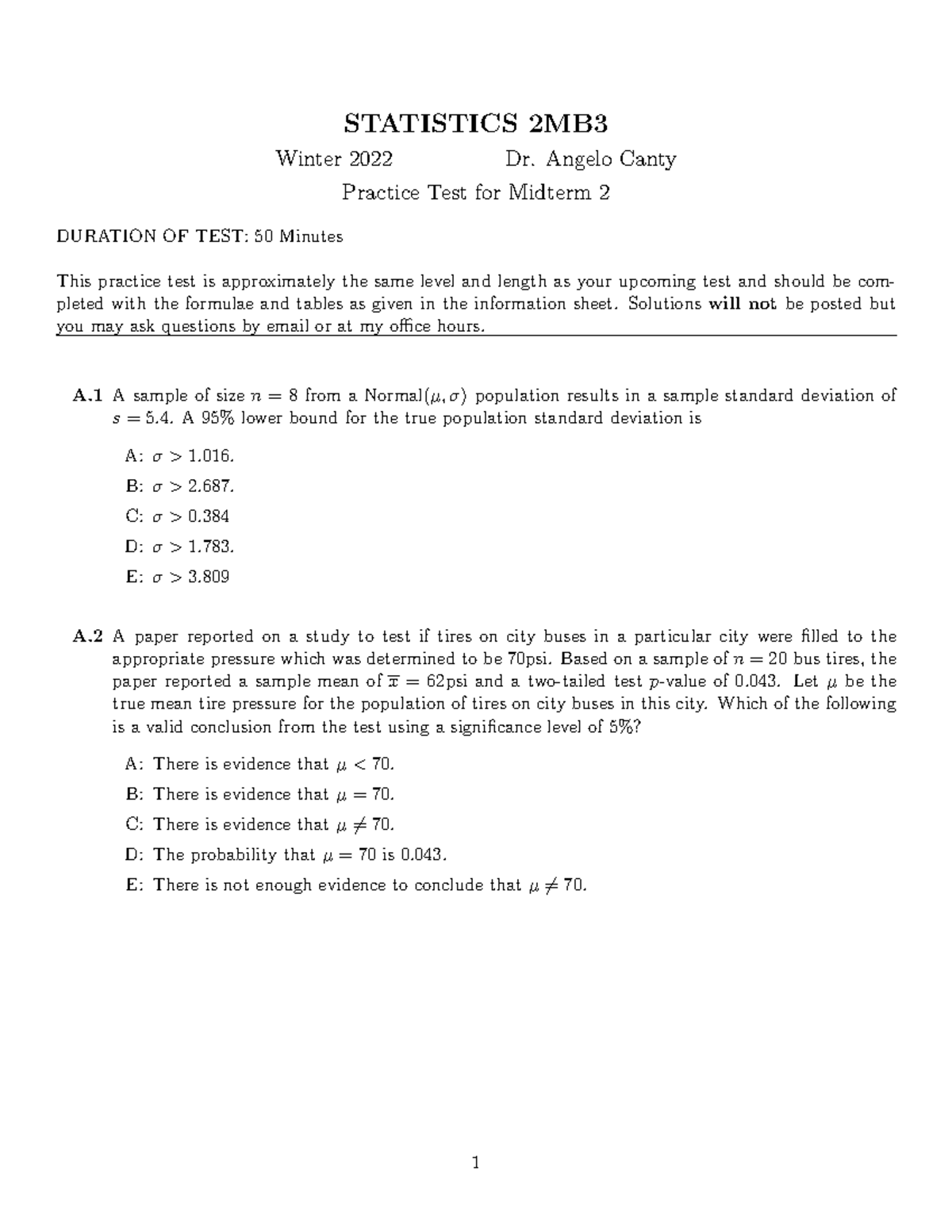 Practice Test2 midterm stats 2mb3 2022 - STATISTICS 2MB Winter 2022 Dr ...