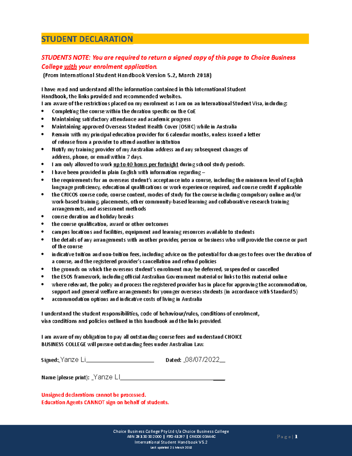 202005 05 International Student Handbook Declaration Form v5.2 CBC ...