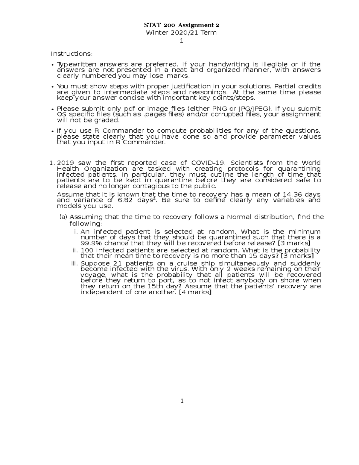 F20stat200a02-4 - Written Assignment - 1 STAT 200 Assignment 2 Winter ...