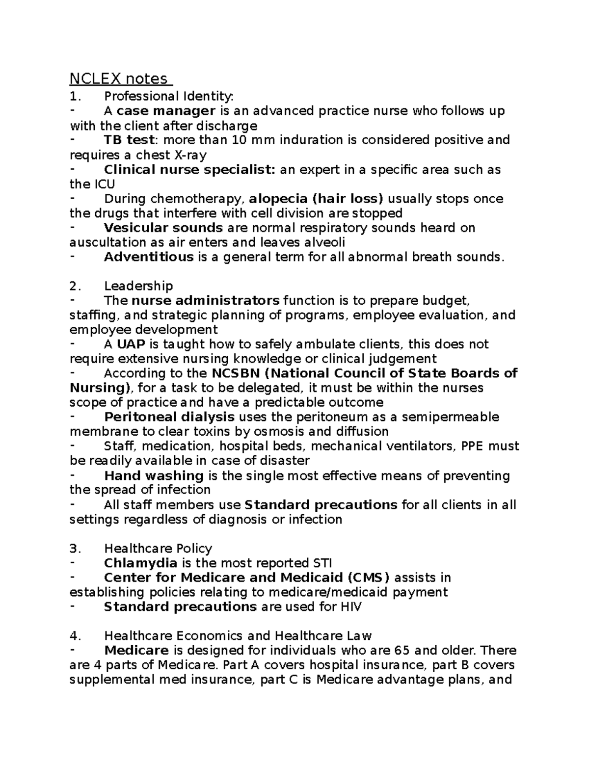 Nclex notes - NCLEX notes Professional Identity: ⁃ A case manager is an ...