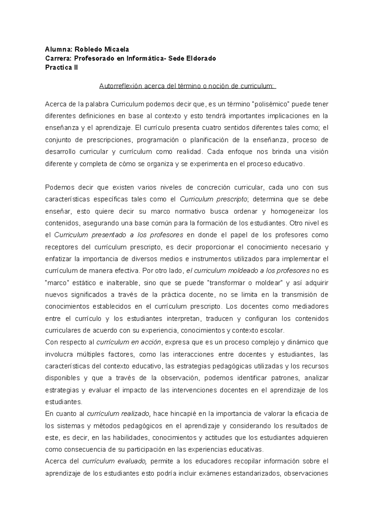 Autorreflexión del término o noción de curriculum - Alumna: Robledo ...