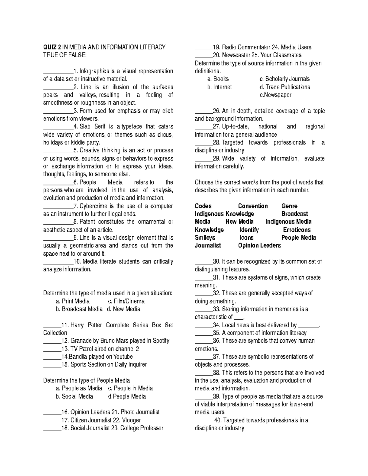 Review Quiz FINAL 10 February 2018, questions and answers - QUIZ 2 IN ...