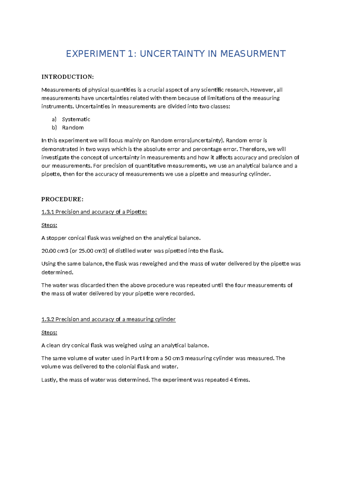 CH101 EXP.1. Uncertainty IN Measurement - EXPERIMENT 1: UNCERTAINTY IN ...