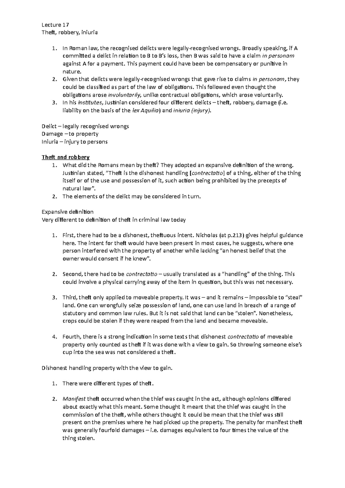 Theft, robbery, iniuta - Lecture 17 Theft, robbery, iniuria In Roman ...