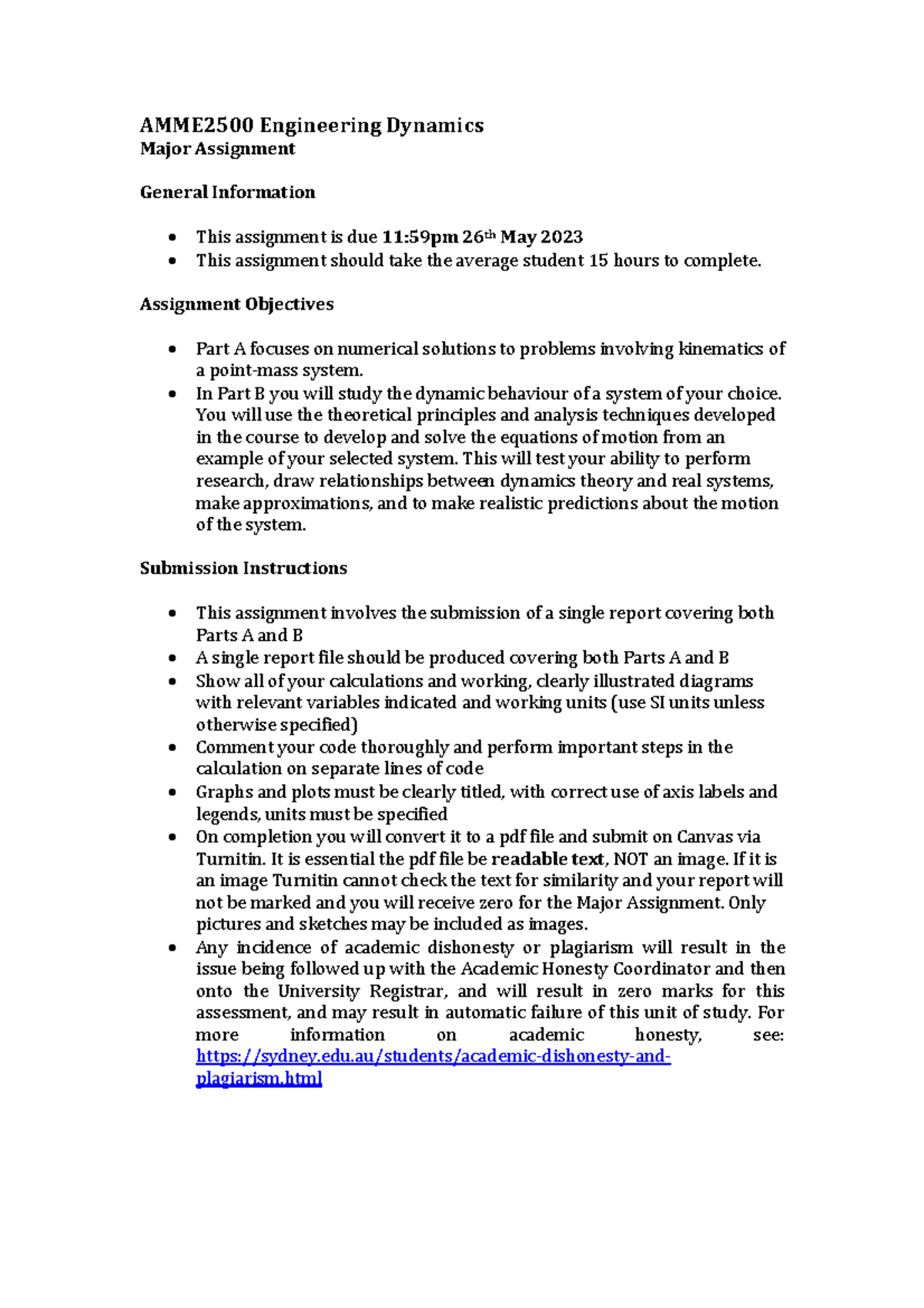 AMME2500 Major Assignment Guide - AMME2500 Engineering Dynamics Major Assignment General ...
