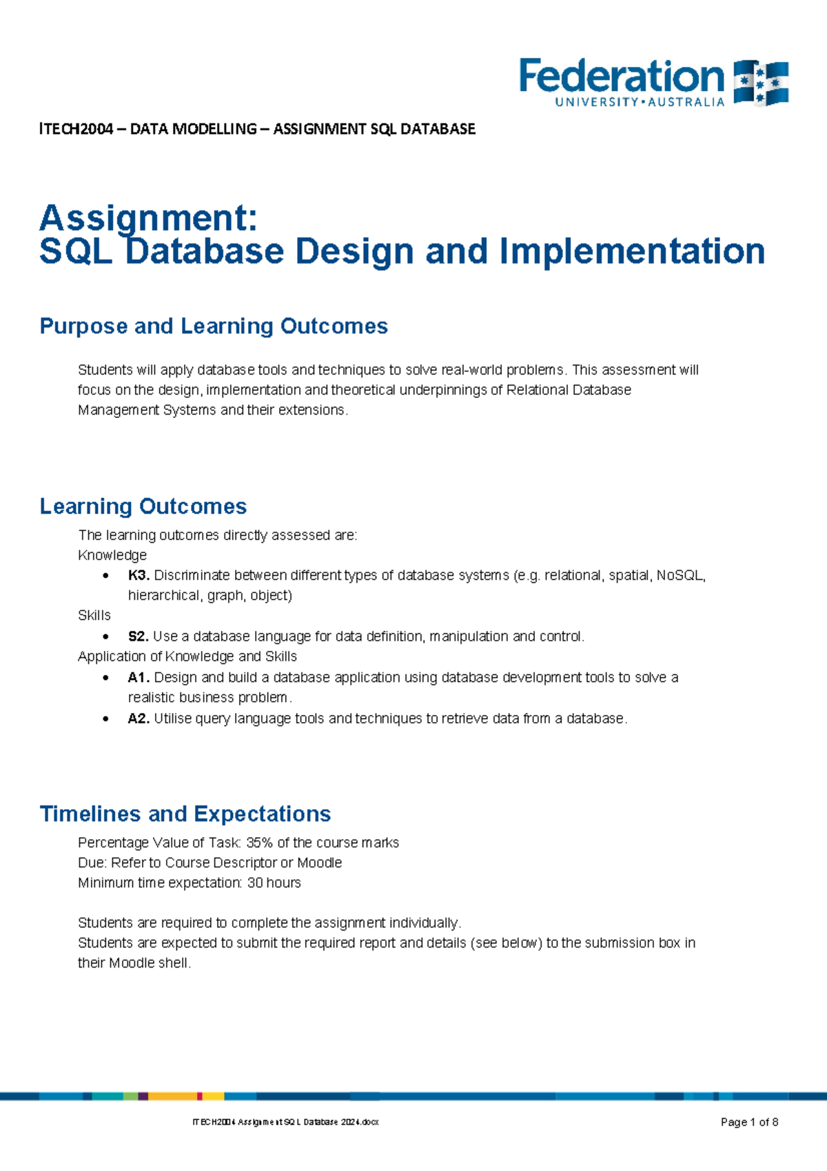 Itech 2004 Assignment SQL Database 2024 - Assignment: SQL Database Design and Implementation ...