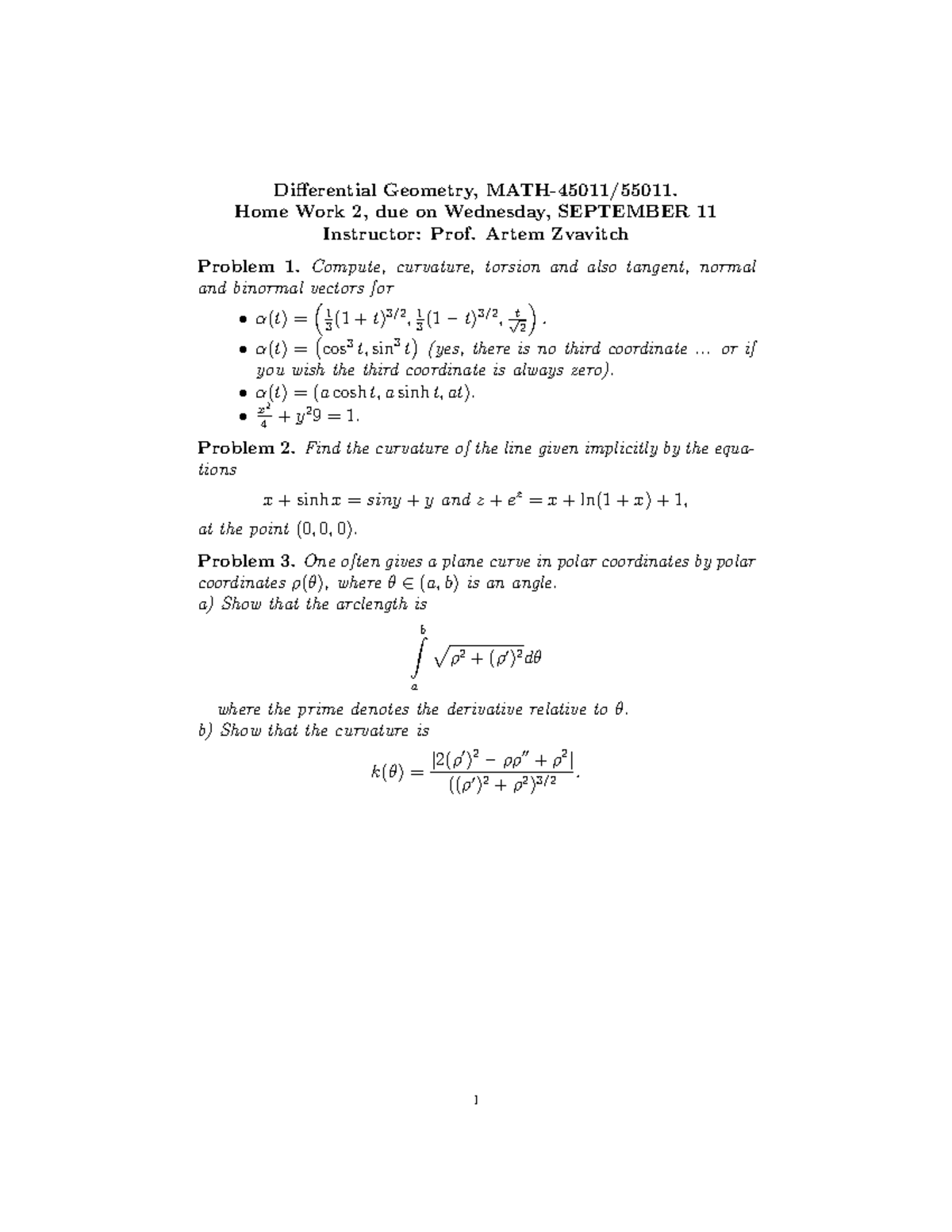 HW2 2013 - Homework 2 (September 11 2013). - Differential Geometry ...