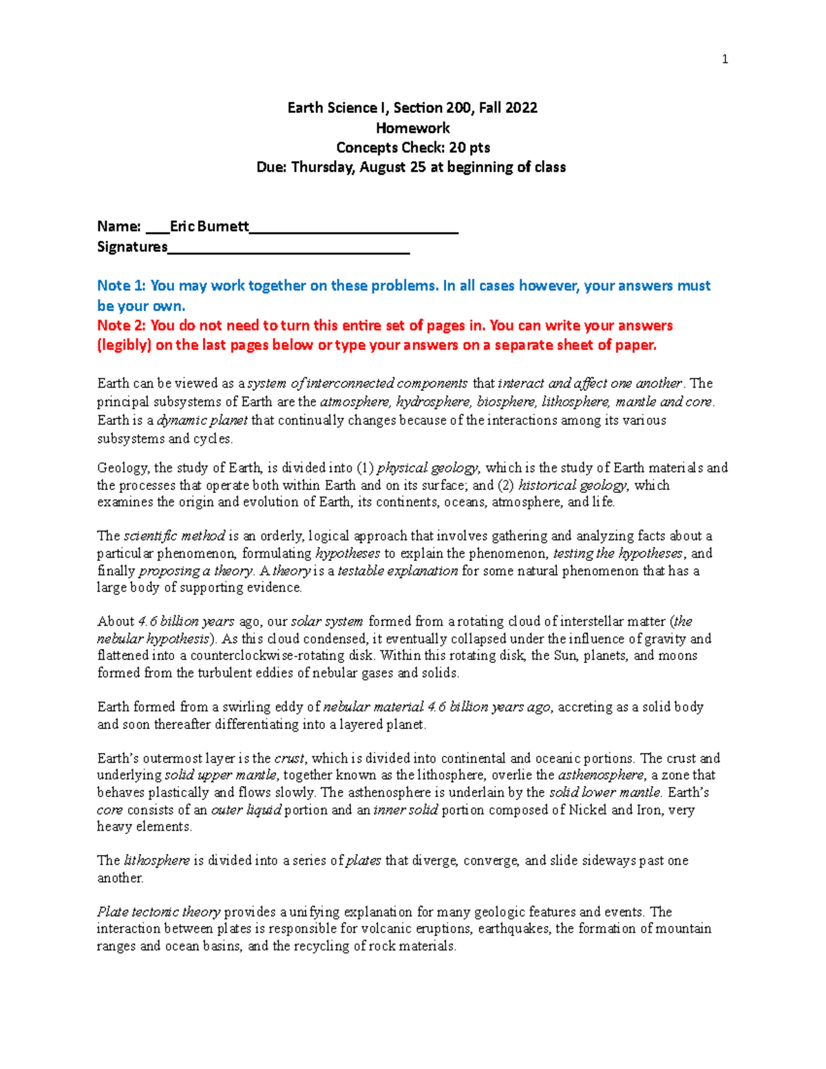 Homework 1 -Ch 1 ES - 1 Earth Science I, Section 200, Fall 2022 ...