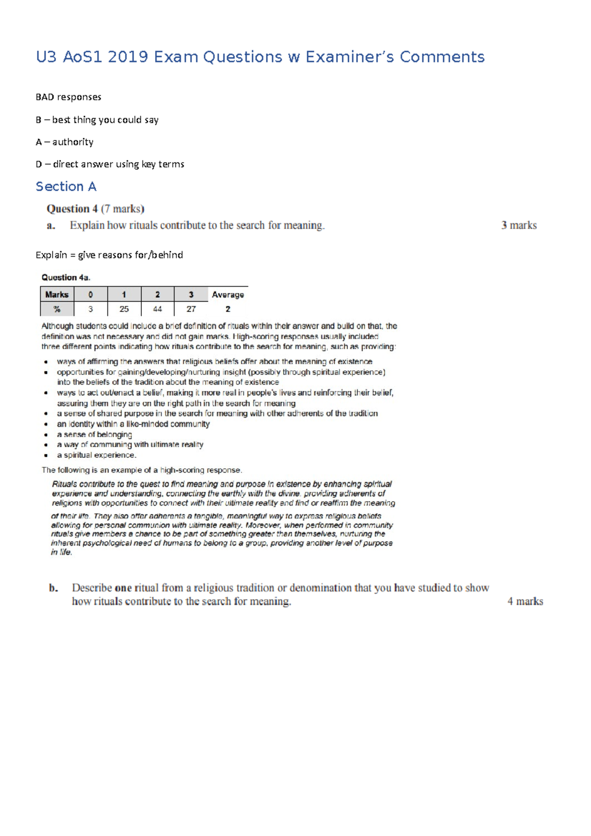 U3 Ao S1 2019 Exam Questions w Examiner - Moreover, suggesting that God ...