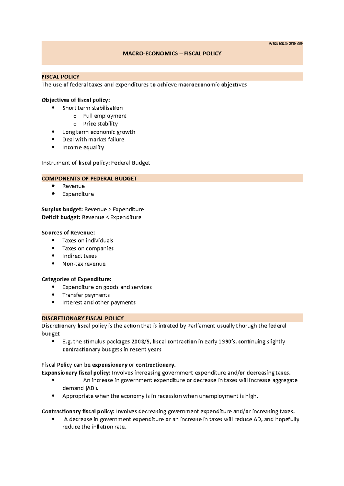 Week 11 - Fiscal Policy - WEDNESDAY 25TH SEP MACRO-ECONOMICS – FISCAL ...
