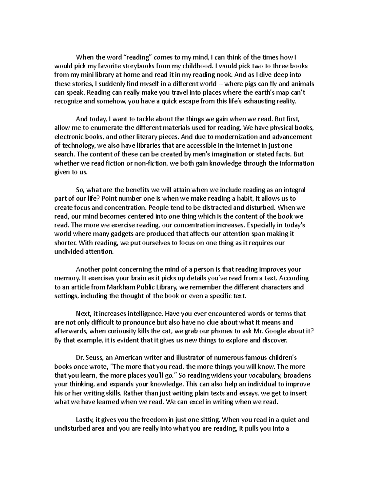 Oratorical- Speech - N/A - When the word “reading” comes to my mind, I ...