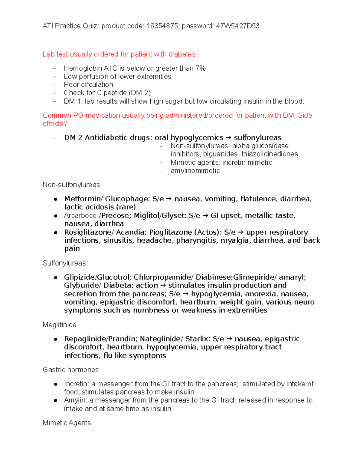 NURS 12O Week 2 Diabetes Study Guide - ATI Practice Quiz: product code ...