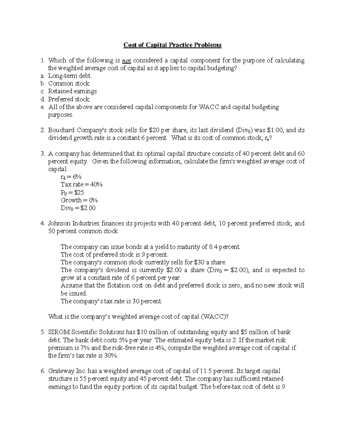 05 Cost of Capital Problems的副本 - Cost of Capital Practice Problems ...