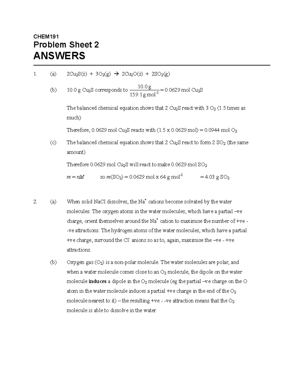 Problem Sheet 2 Answers - CHEM Problem Sheet 2 ANSWERS (a) 2Cu 2 S(s ...