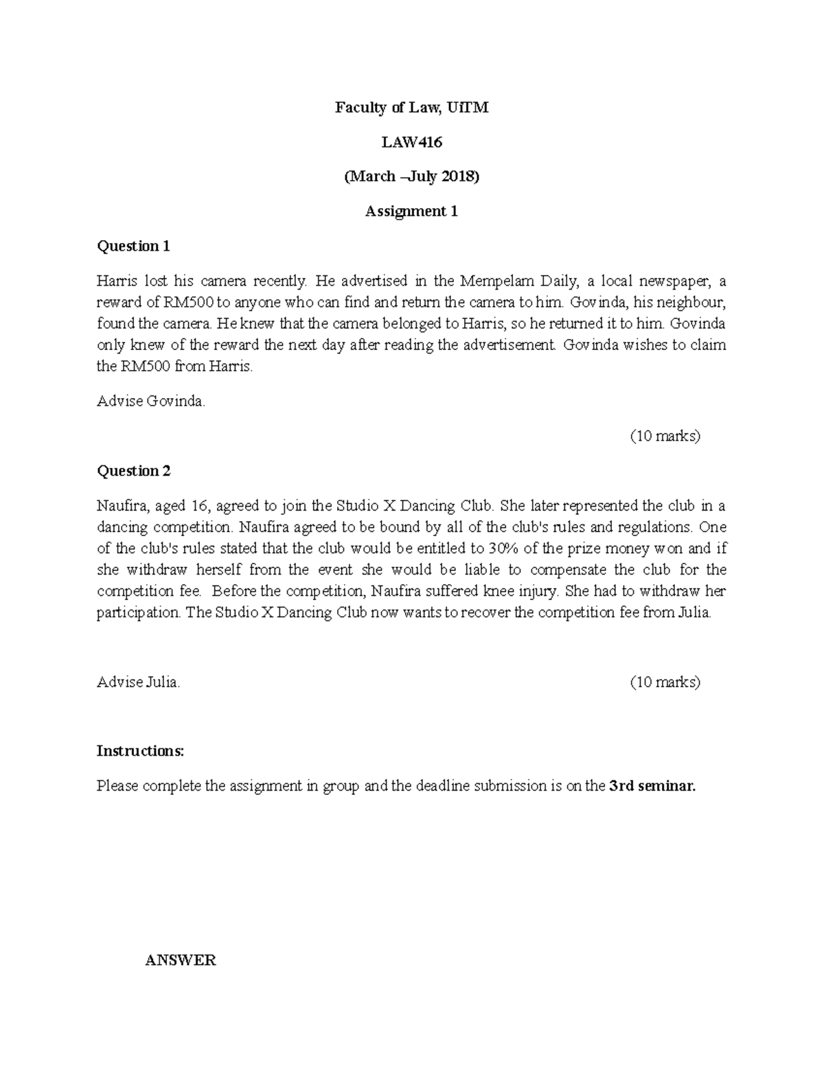 Assignment (1)March 2018 - Faculty of Law, UiTM LAW (March –July 2018 ...