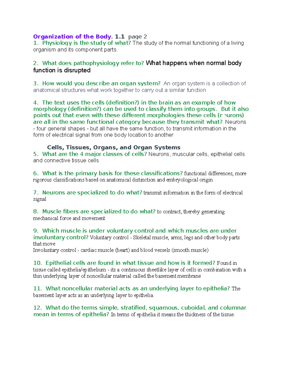 Organization of the Body Quiz 1 Physio - Organization of the Body , 1 ...