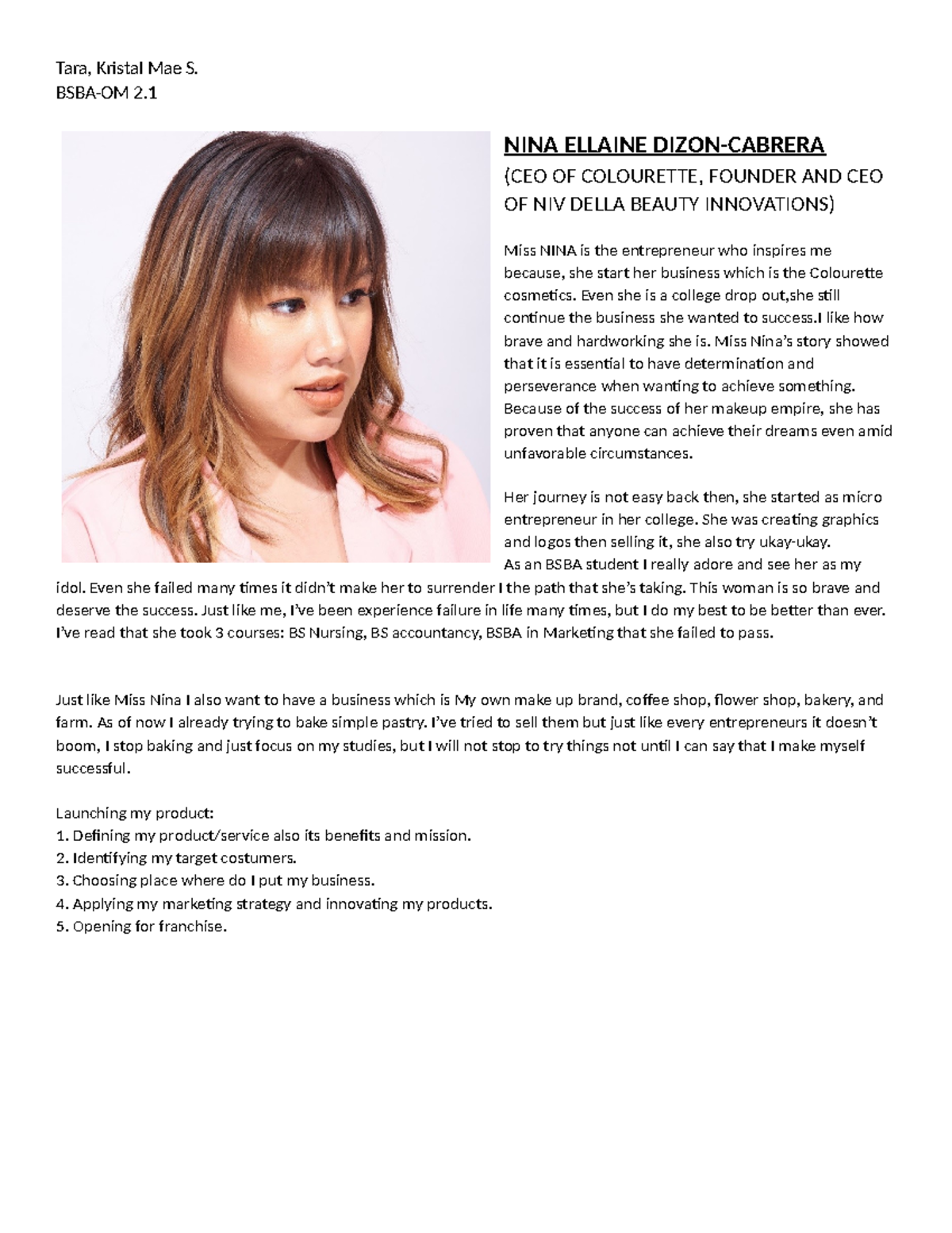 02 Prformance Task 1 Entrep - Tara, Kristal Mae S. BSBA-OM 2. NINA ELLAINE DIZON-CABRERA (CEO OF ...