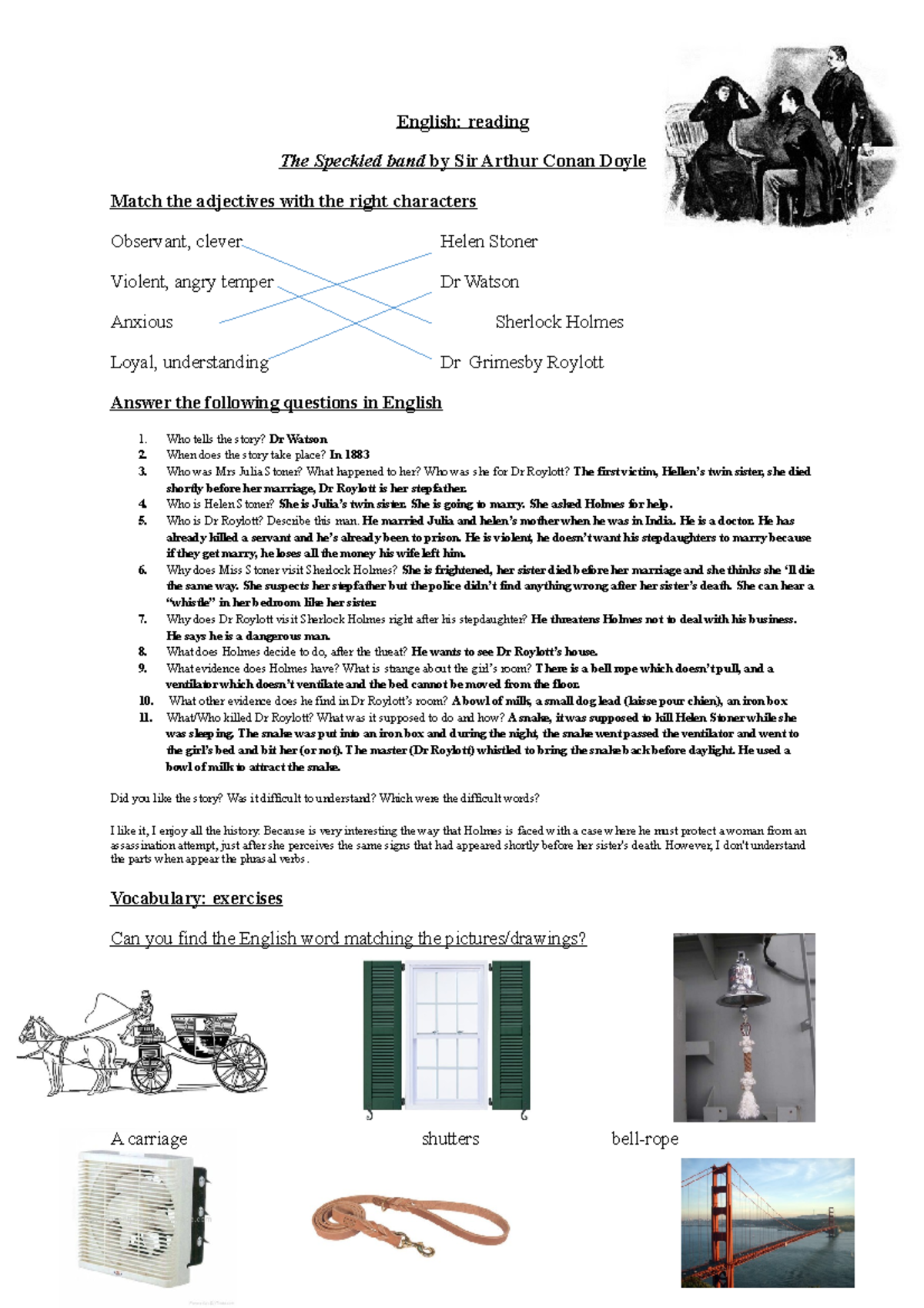 The speckled band worksheet 1 - English: reading The Speckled band by ...
