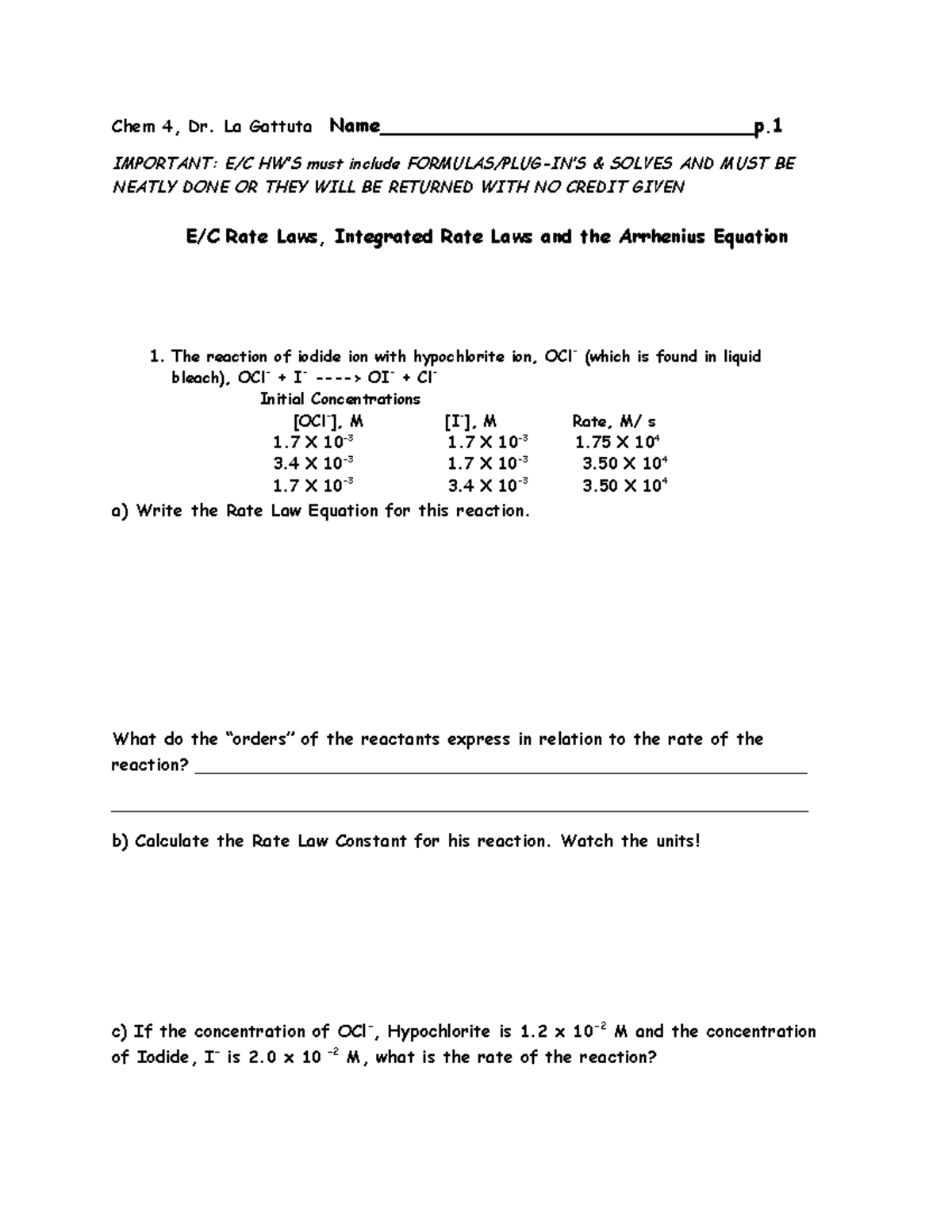 Rate laws, integrated rate laws, arrhenius equation practice test ...