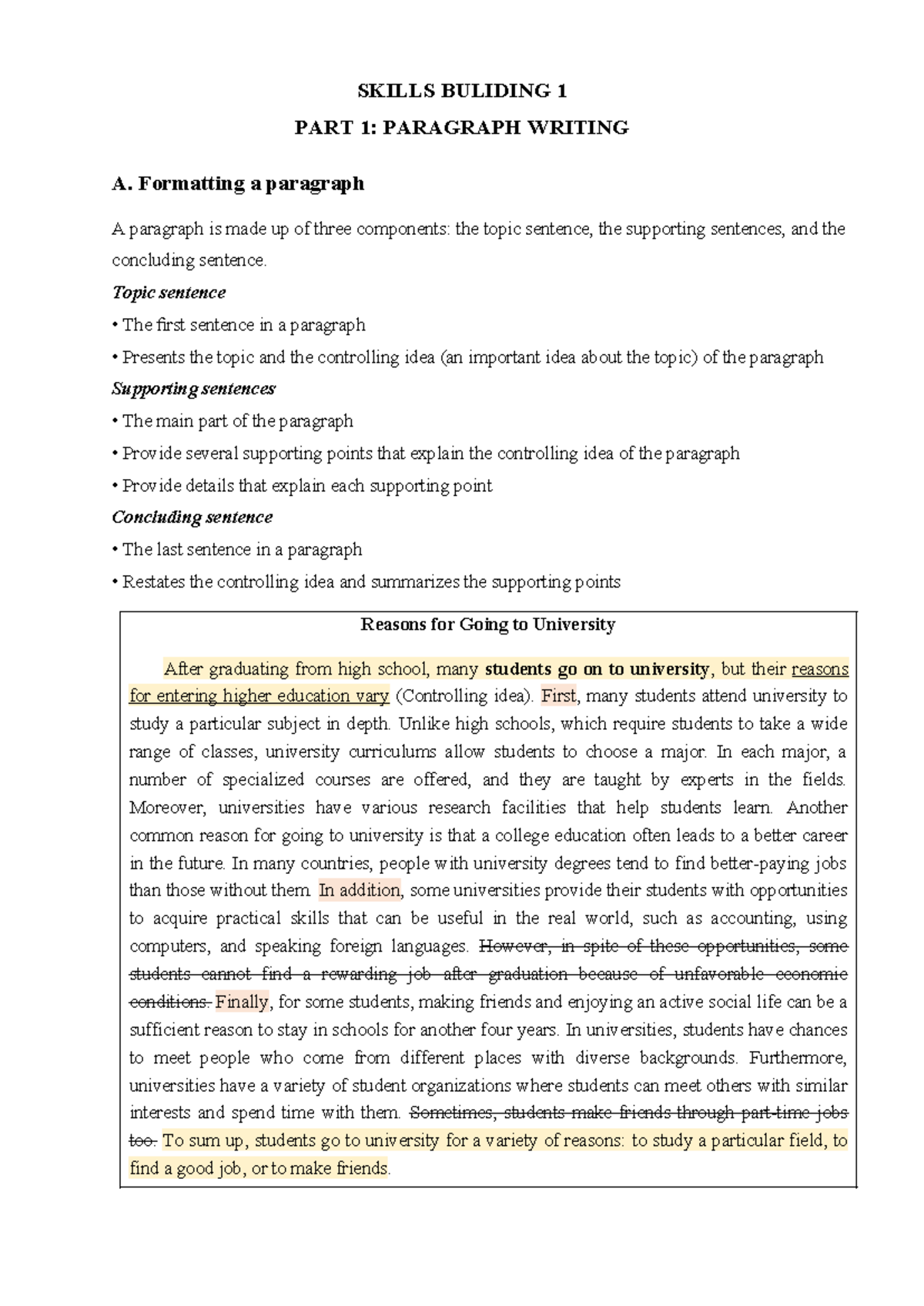 Paragraph Organisation - SKILLS BULIDING 1 PART 1: PARAGRAPH WRITING A ...