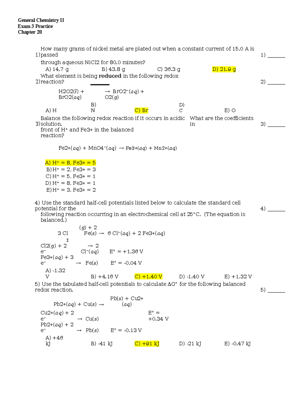 Answered GC2 CHP20 Practice - General Chemistry II Exam 3 Practice Chapter 20 1) How many grams ...