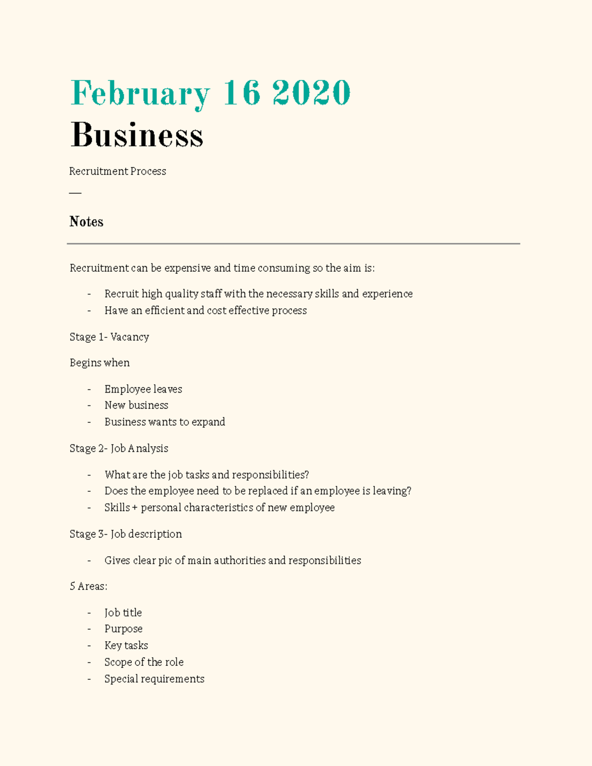 Recruitment process notes - February 16 2020 Business Recruitment ...