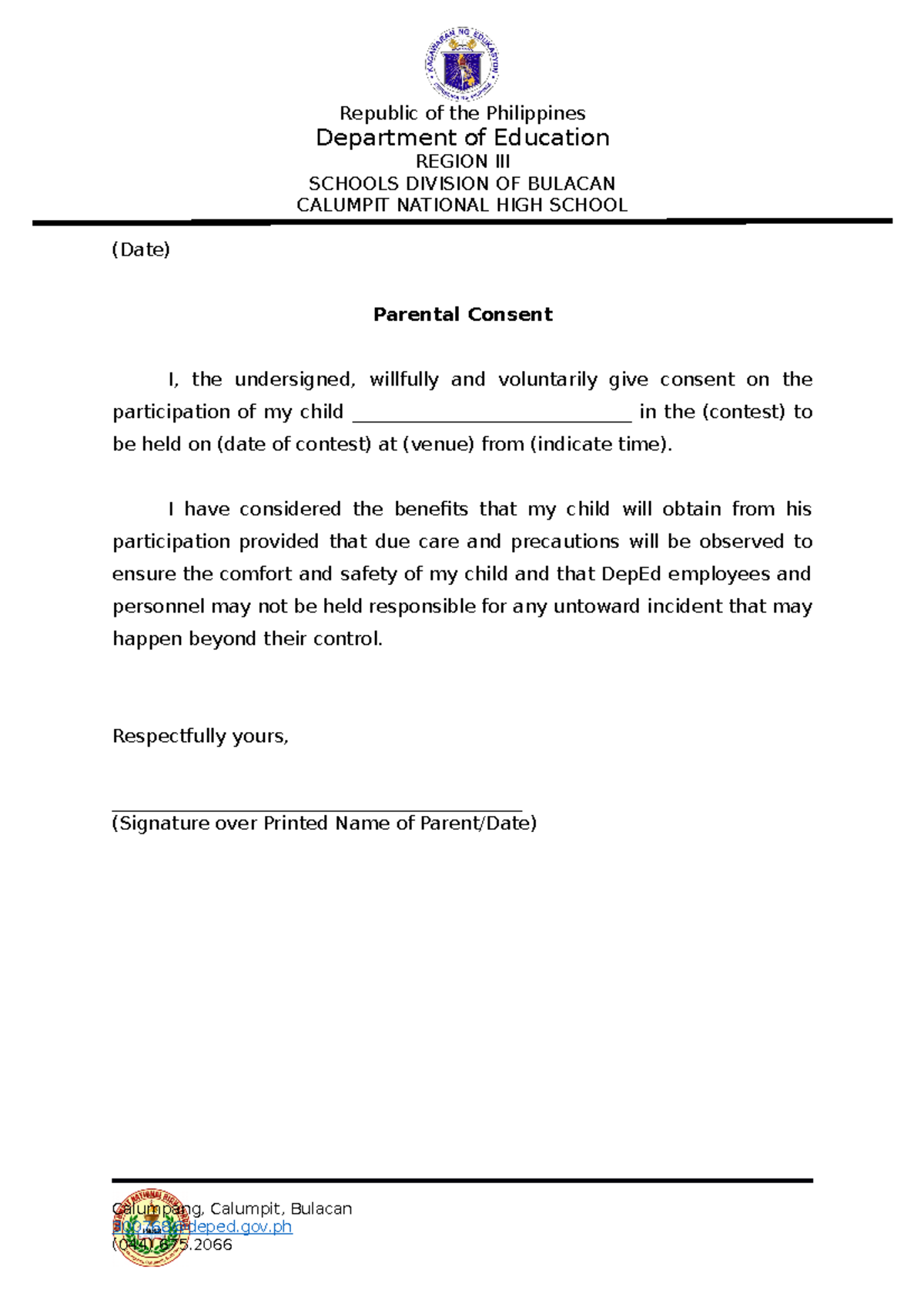 03 Sample Parent Consent Word Republic Of The Philippines