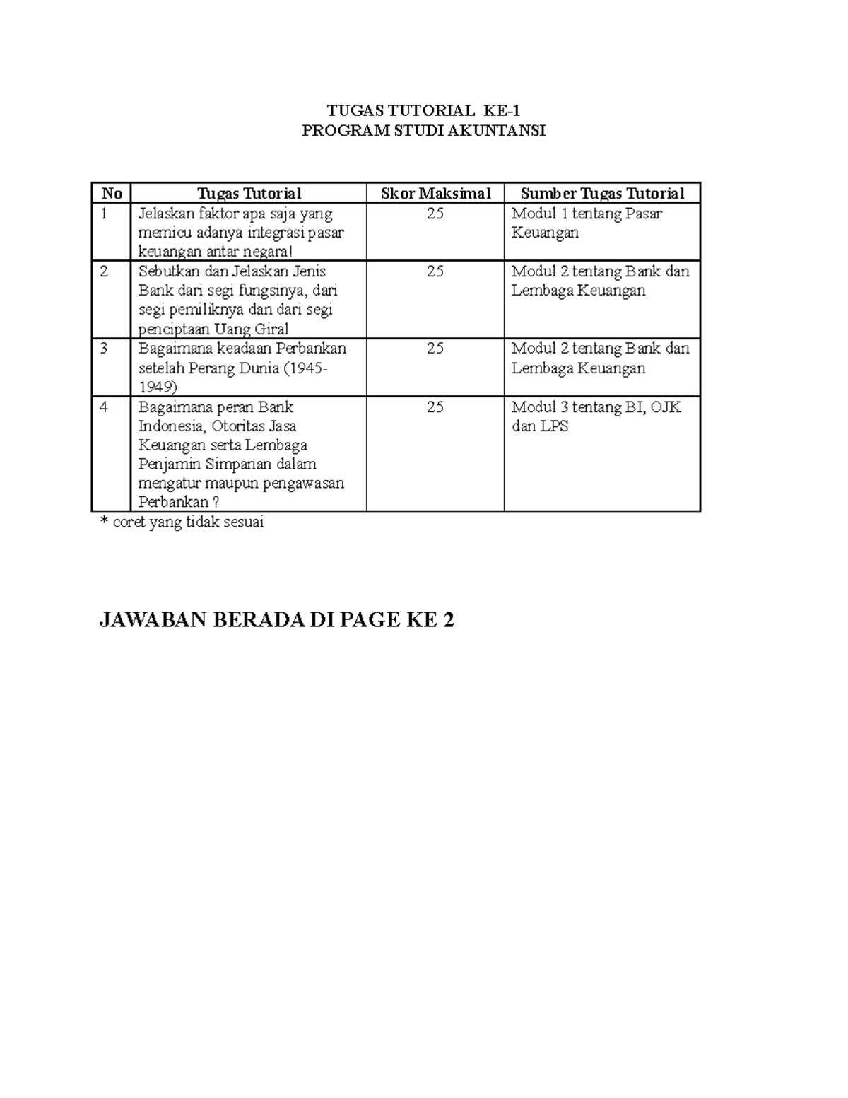 Tugas Tutorial KE 1 - YES - TUGAS TUTORIAL KE- PROGRAM STUDI AKUNTANSI No Tugas Tutorial Skor ...