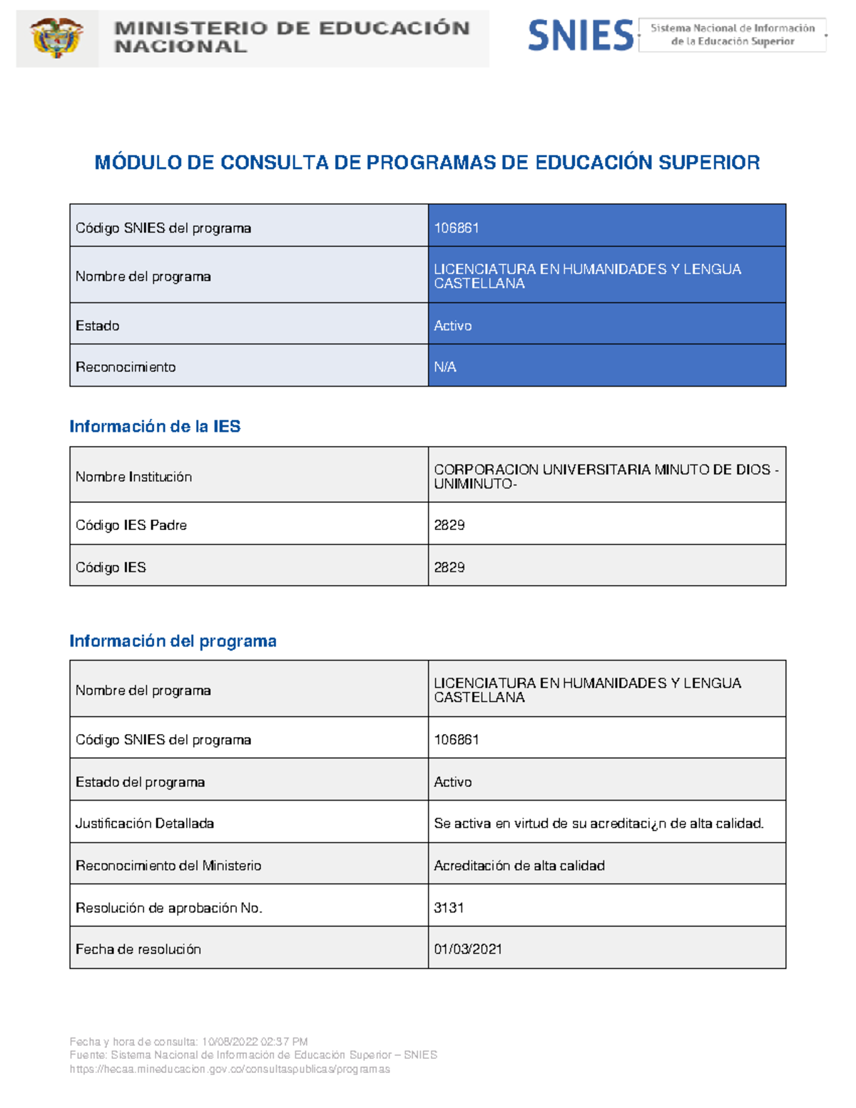 Informacion Programa 106861 - MÓDULO DE CONSULTA DE PROGRAMAS DE EDUCACIÓN SUPERIOR Información ...
