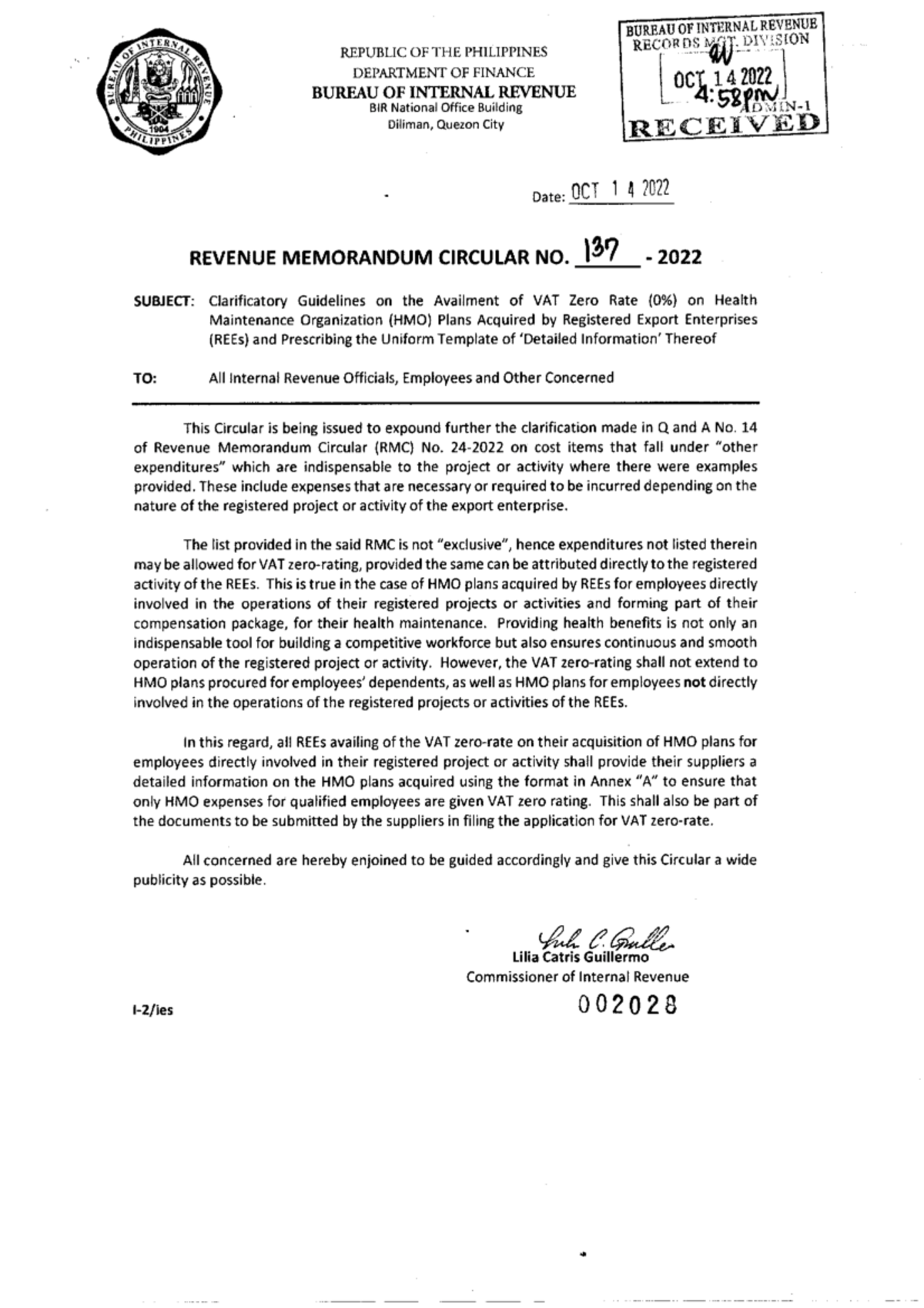 RMC No. 137-2022 - Resource material for tax. - Taxation Law - Studocu