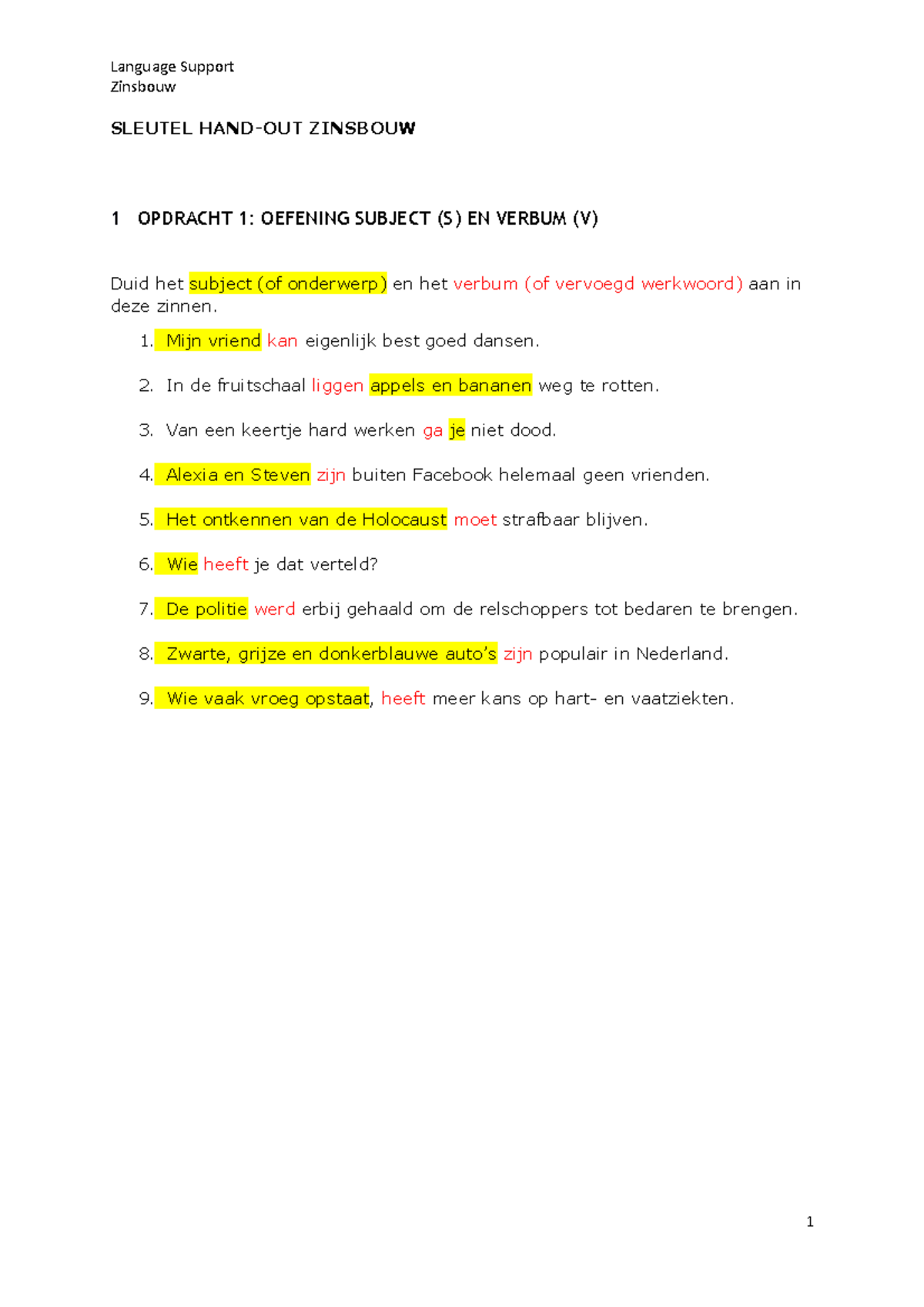 2122 Sleutel Handout Zinsbouw - Zinsbouw SLEUTEL HAND-OUT ZINSBOUW 1 ...
