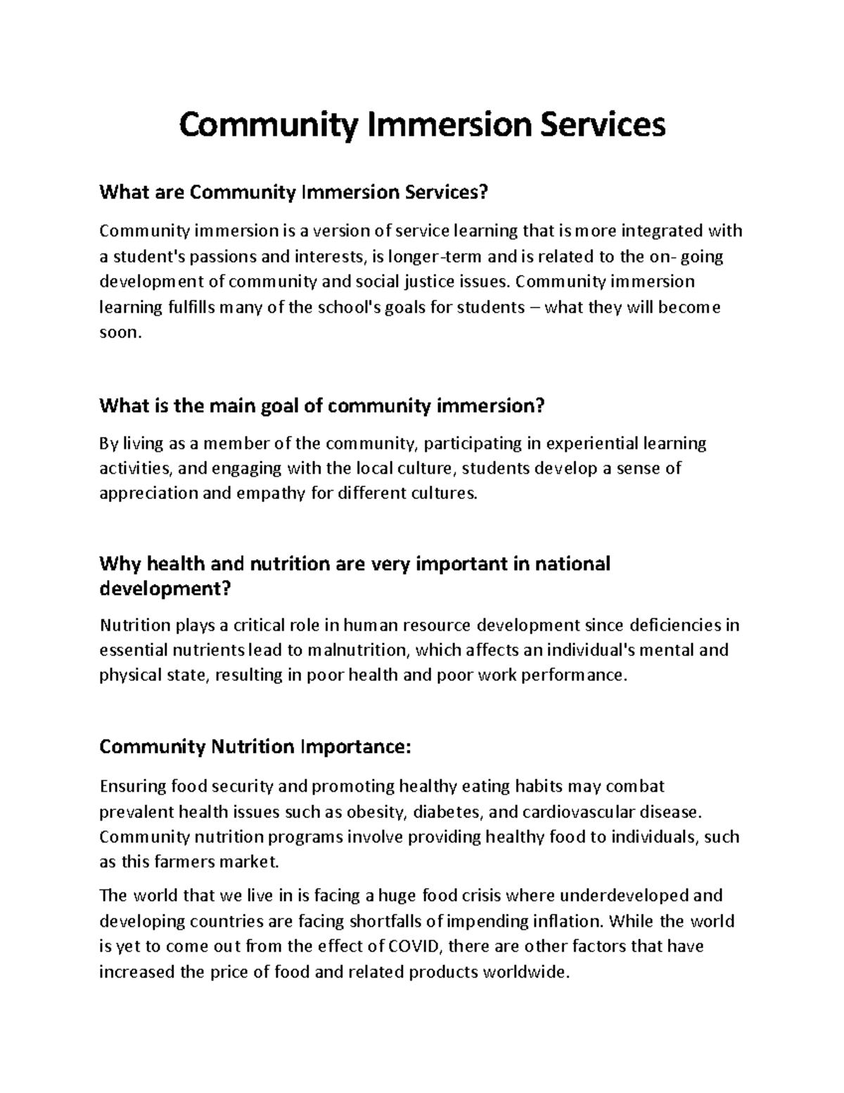 Com Imm Serv (Health & Nutrition) - Community Immersion Services What ...