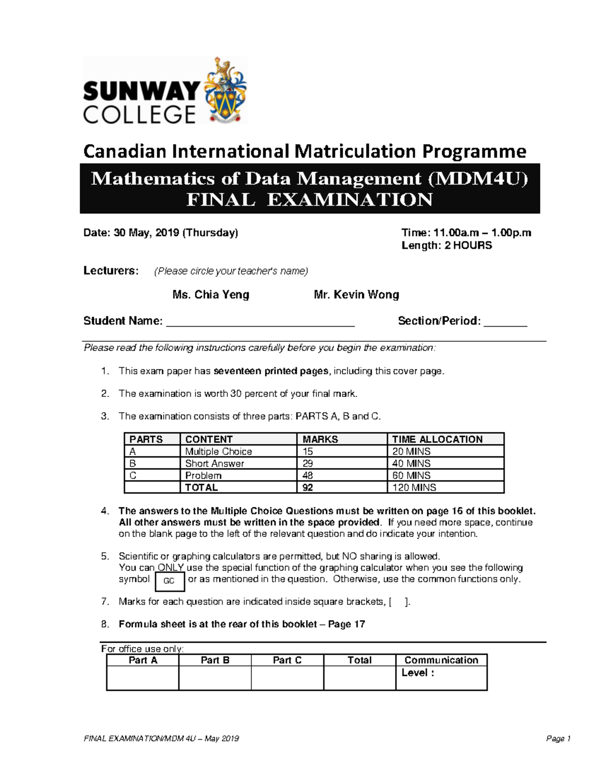 Sample/practice exam Autumn 2019, questions - Canadian International ...