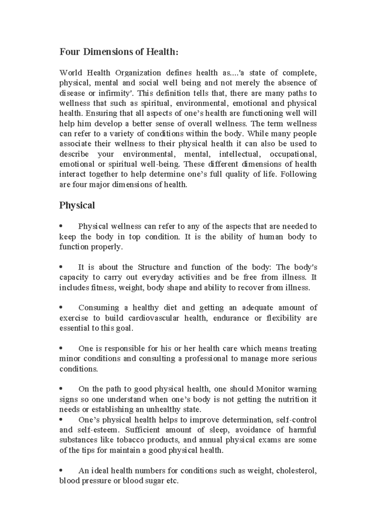 Four Dimensions of Health - Four Dimensions of Health: World Health ...