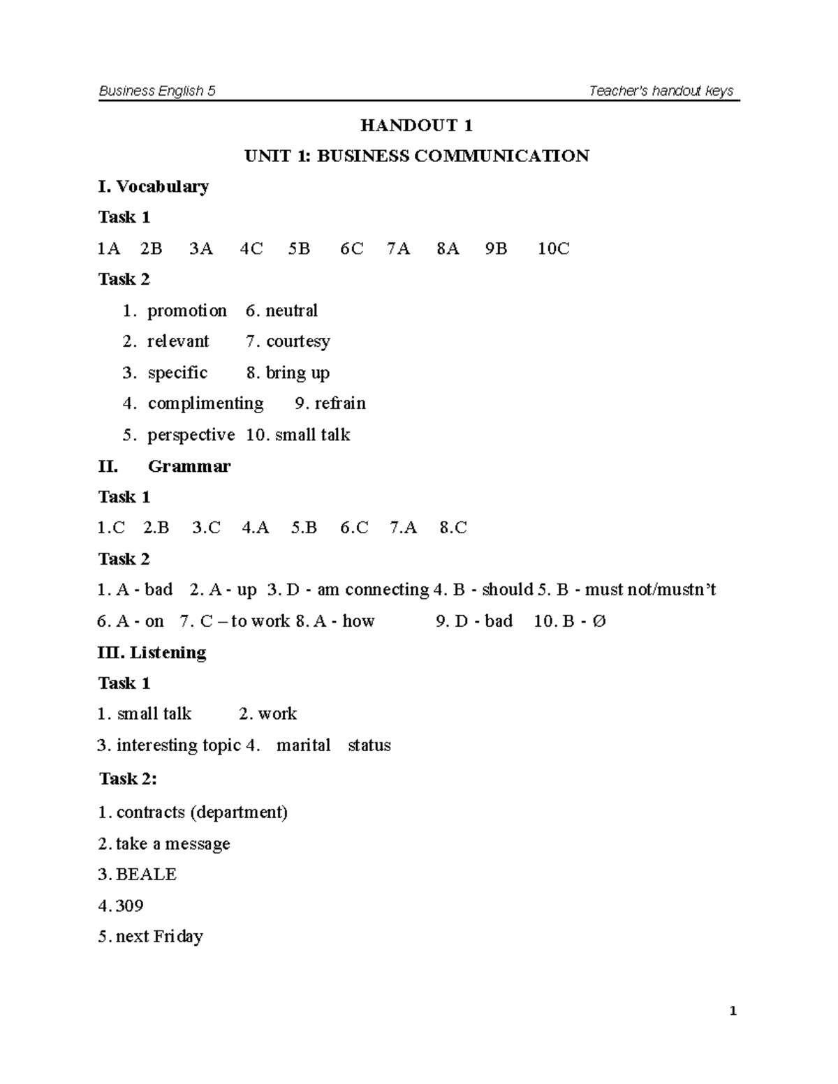 Keys Teacher-Handouts TATM5-1 - HANDOUT 1 UNIT 1: BUSINESS ...