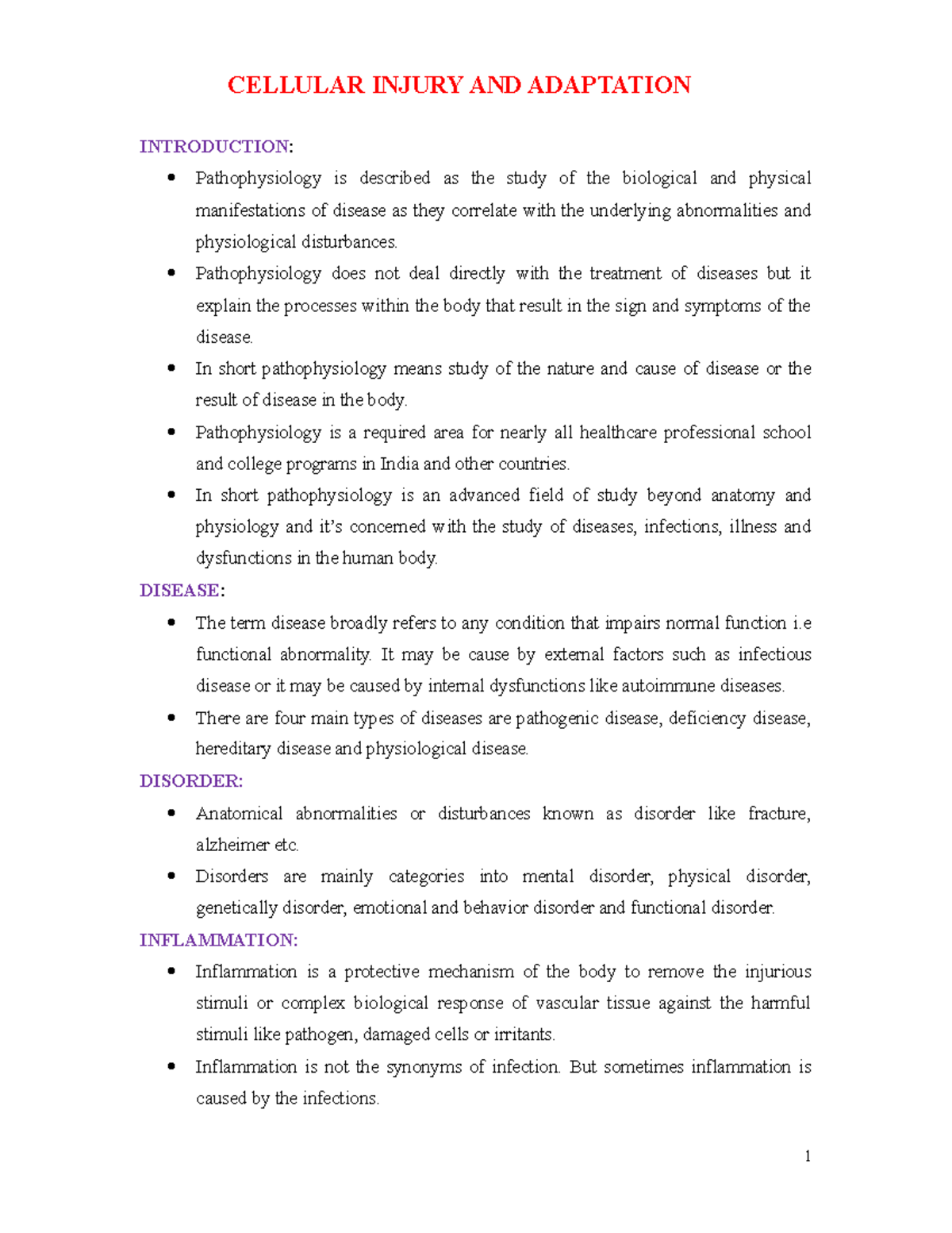 1. CELL Injury AND Cellular Adaptation - 1 CELLULAR INJURY AND ...