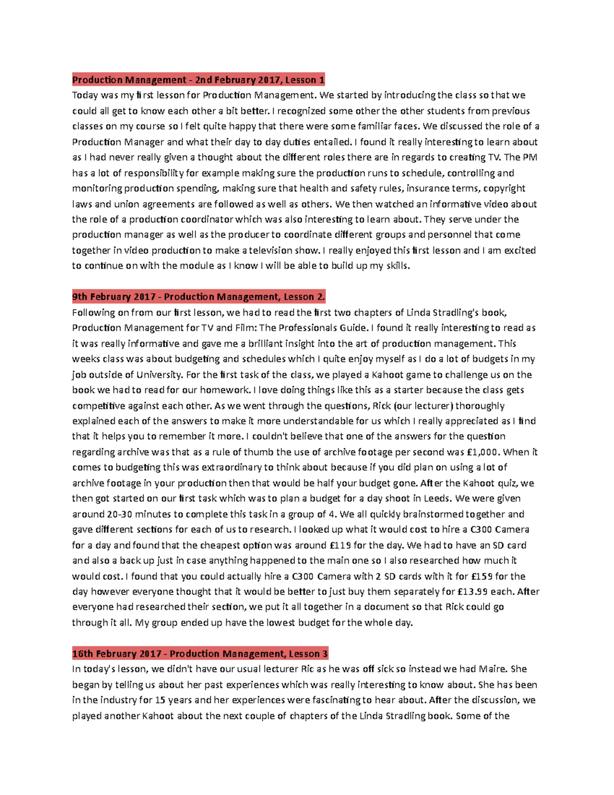 Production Journals - Production Management - 2nd February 2017, Lesson ...