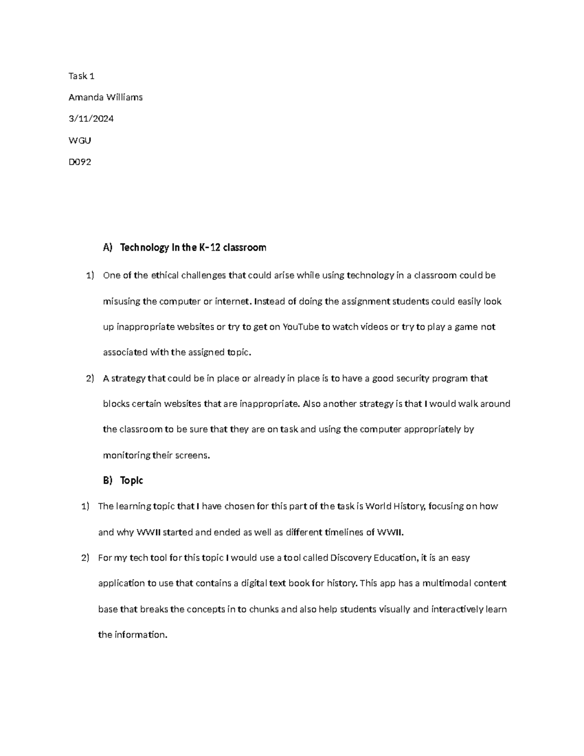 Teask 1 technology - task 1 - Task 1 Amanda Williams 3/11/ WGU D A ...