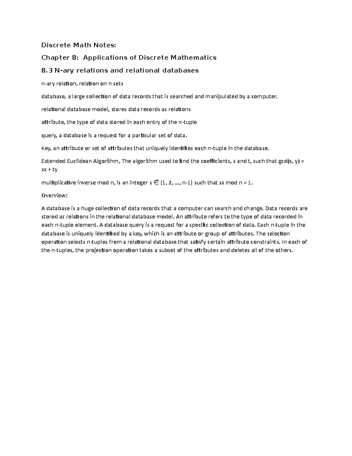 Discrete Math Notes 8.3 N-ary relations and relational databases ...