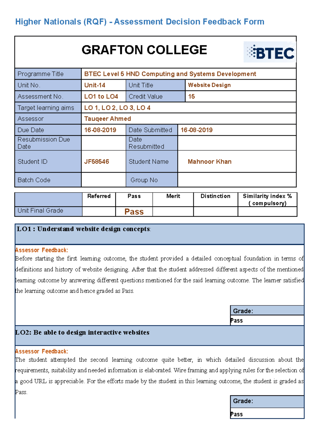 Summative feedback Website design - Higher Nationals (RQF) - Assessment ...