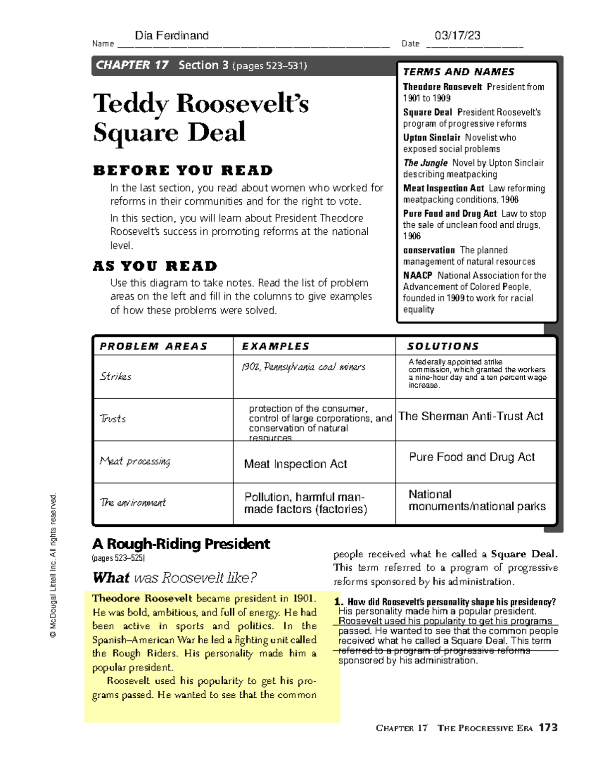 Teddy Roosevelt Square Deal Homework Packet pdf - © McDougal Littell ...