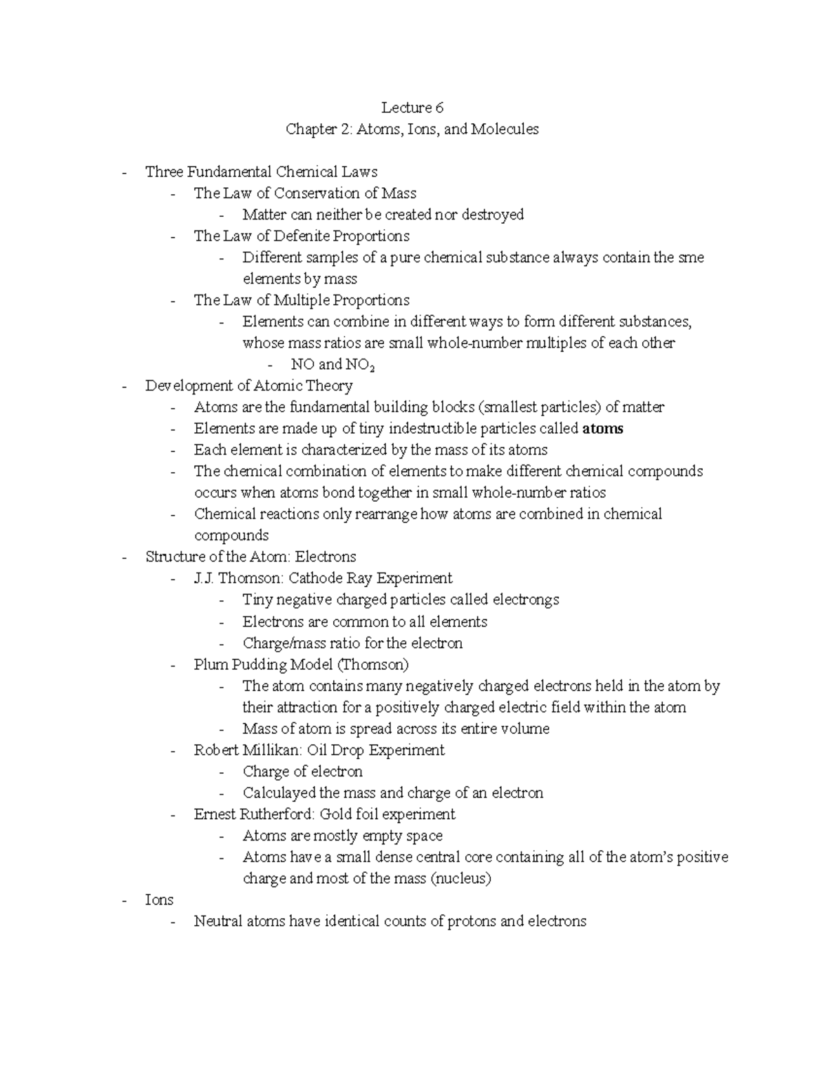 Atoms, Ions, and Molecules - Lecture 6 Chapter 2: Atoms, Ions, and ...