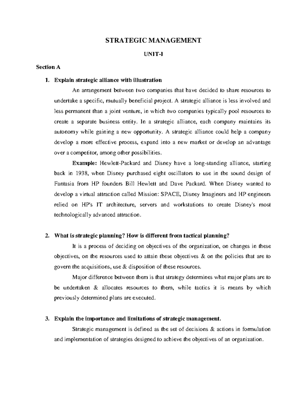 Strategic Management - STRATEGIC MANAGEMENT UNIT-I Section A Explain ...