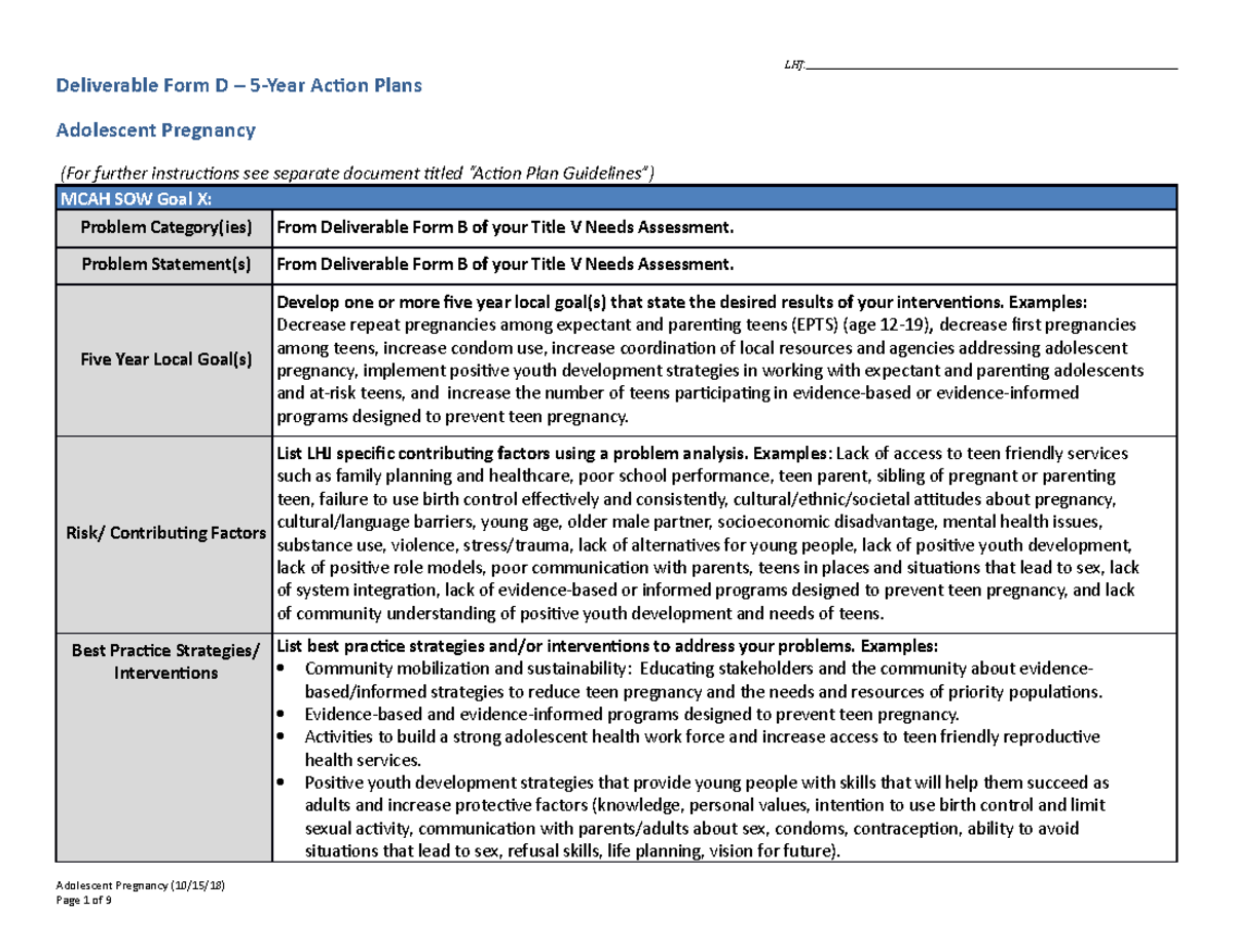 5yr.Action Plan Adolescent Pregnancy ADA - Deliverable Form D – 5-Year ...