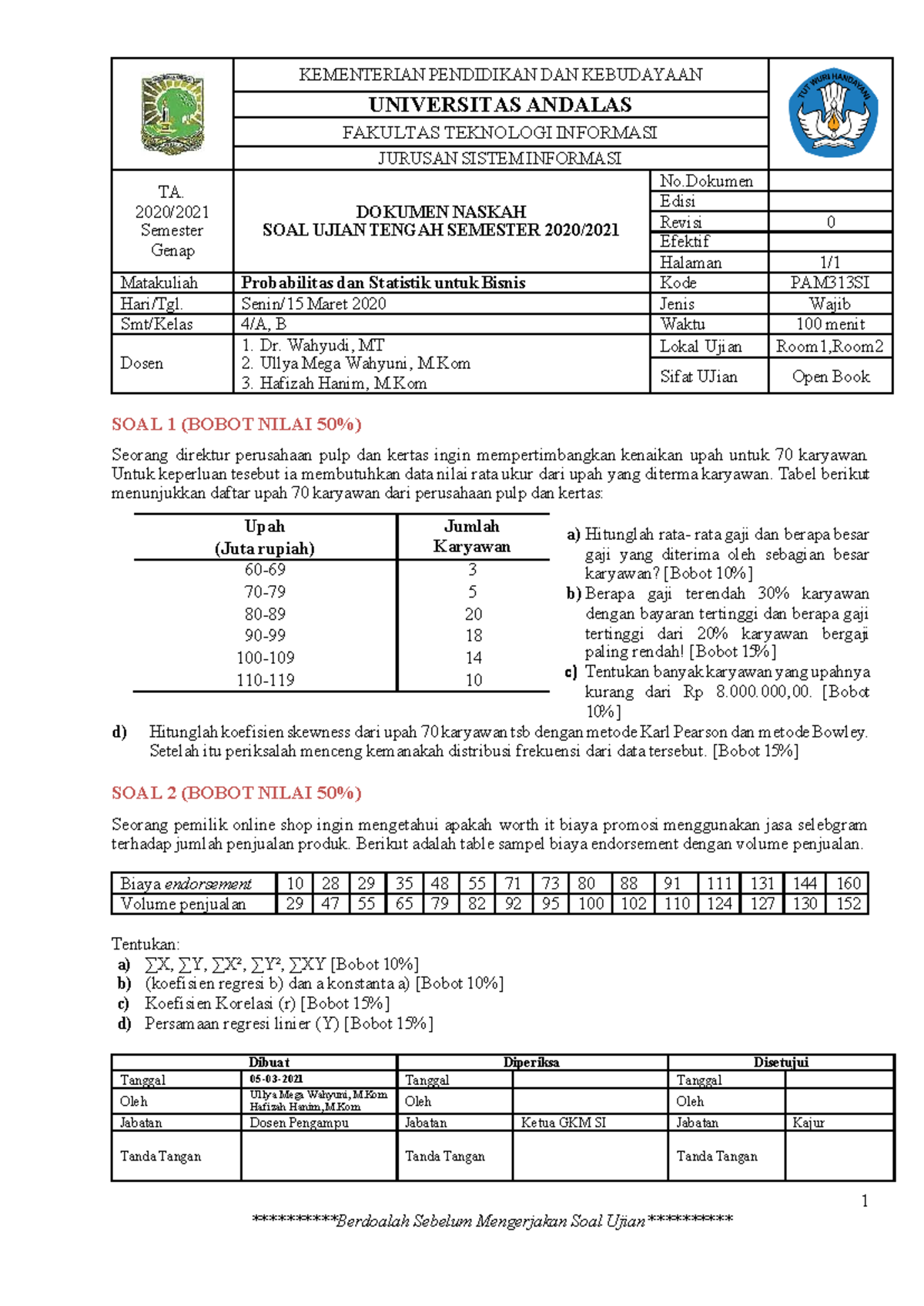 UTS Probstat 2021 - Soal UAS Probability and Statistics - Berdoalah Sebelum Mengerjakan Soal ...