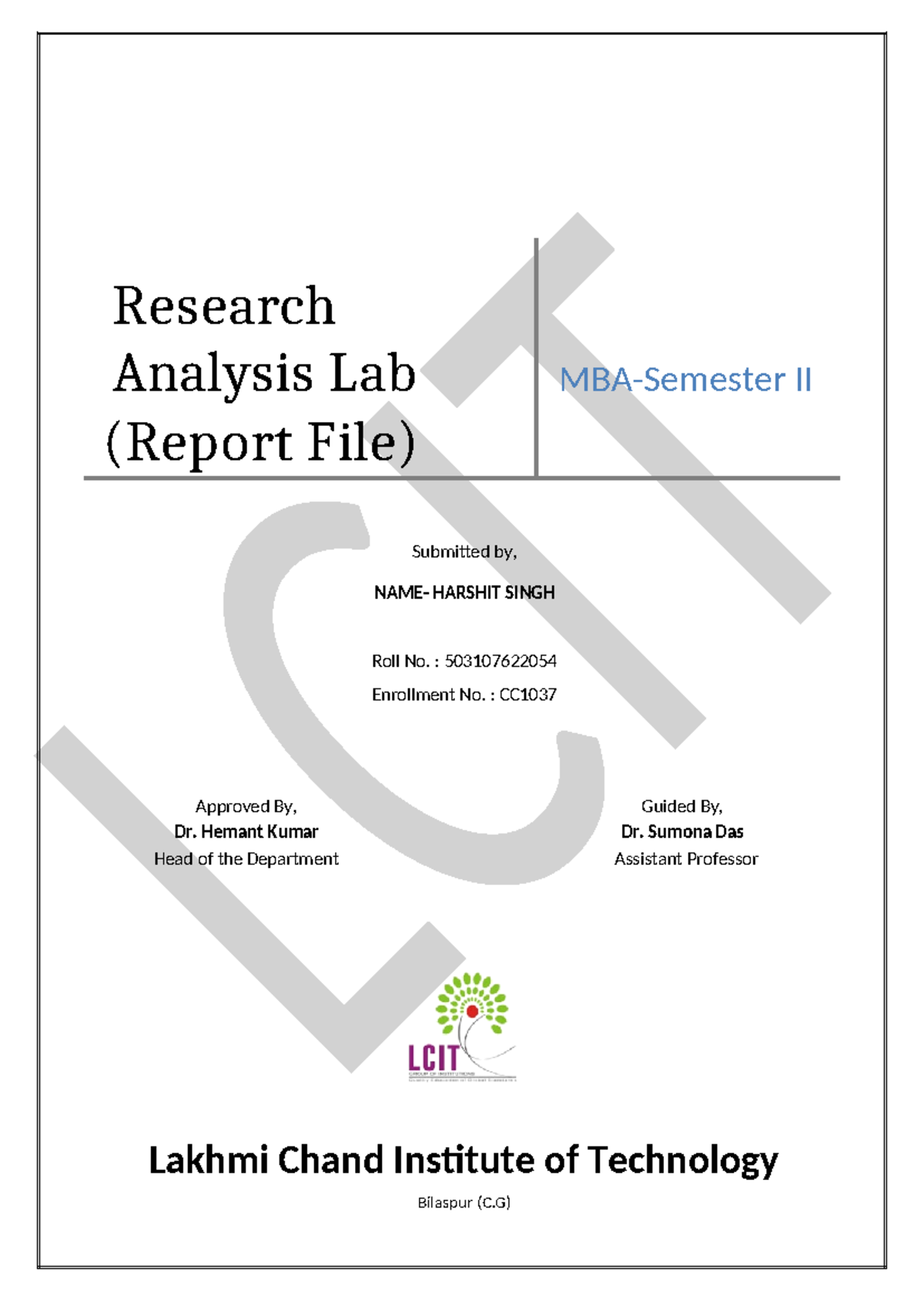 RAL Harshit Project File - Research Analysis Lab MBA-Semester II (Report File) Submitted by ...