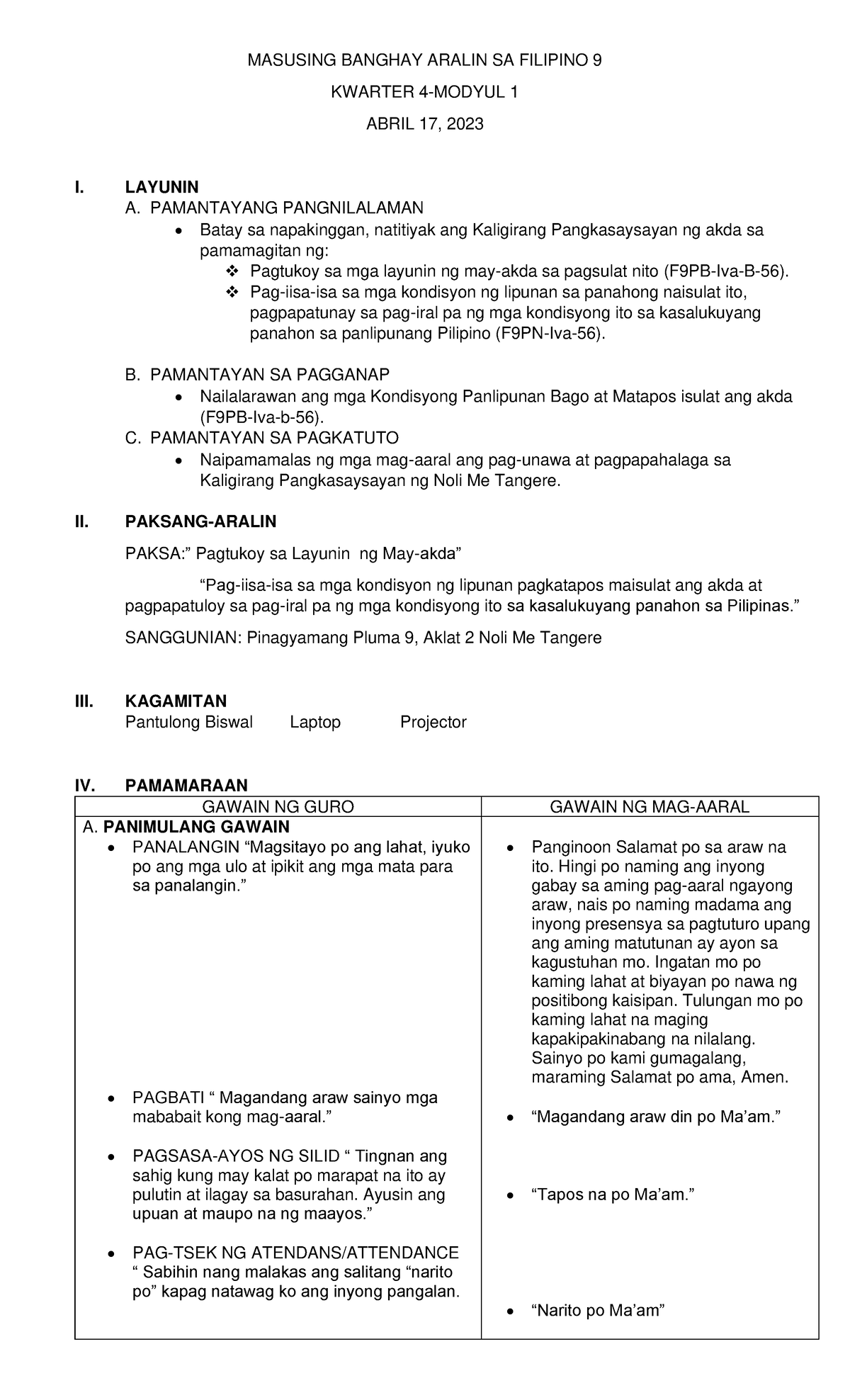 Masusing Banghay Aralin SA Filipino 9 - MASUSING BANGHAY ARALIN SA FILIPINO 9 KWARTER 4-MODYUL 1 ...