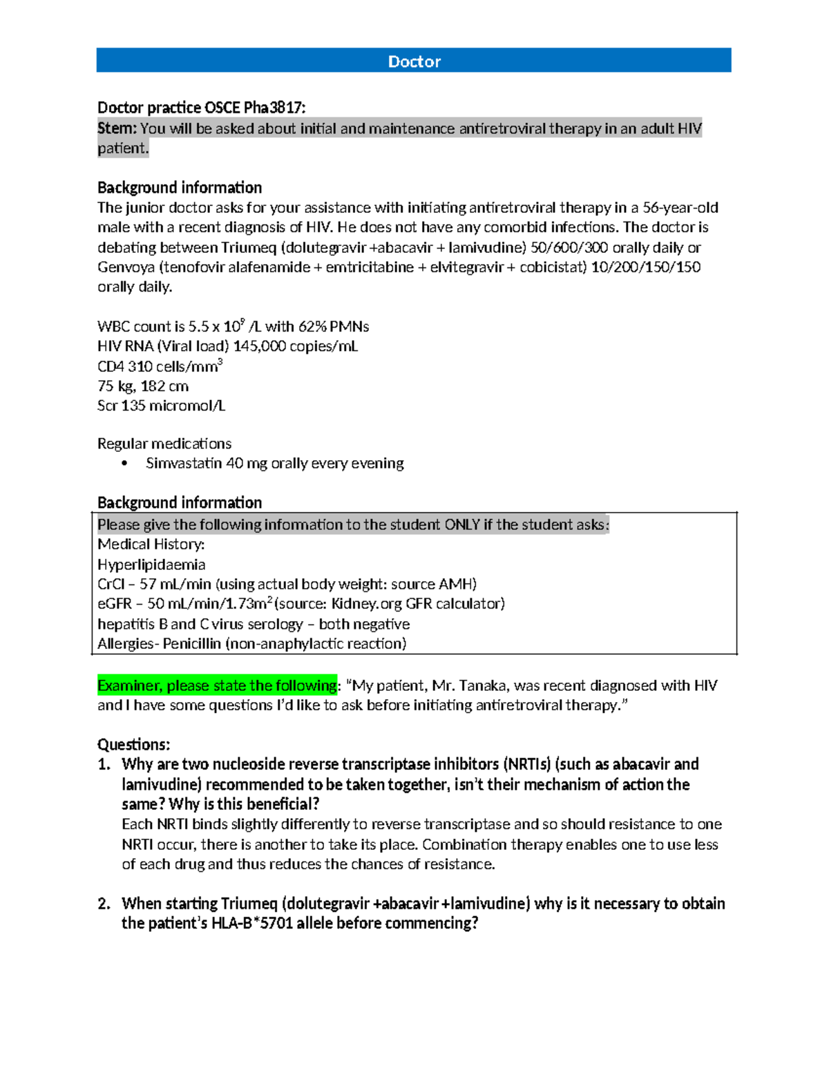 PHAR3817 CASE 3 OSCE - Doctor-4 - Doctor Doctor practice OSCE Pha3817 ...