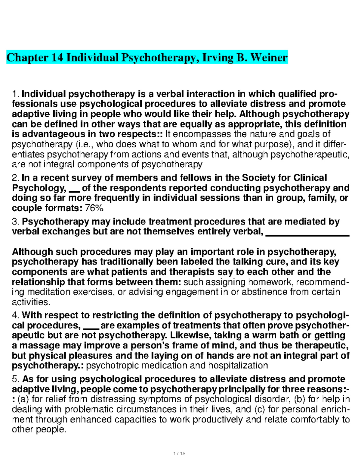 Chapter 14 Individual Psychotherapy, Irving B. Weiner - Weiner ...